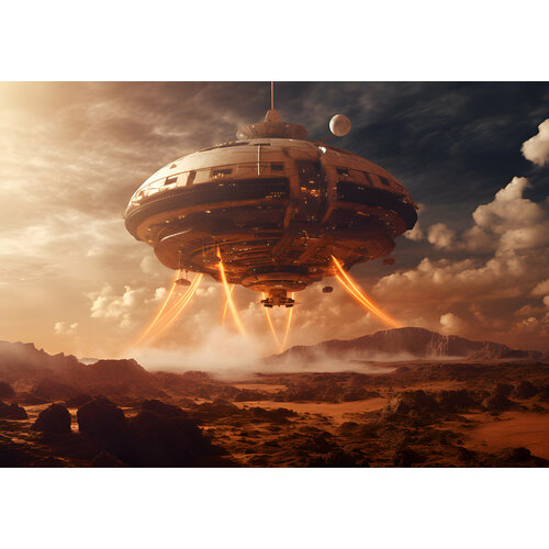 Постер - "Космический корабль в атмосфере другой планеты"на фотобумаге / А1 / в тубусе без рамы