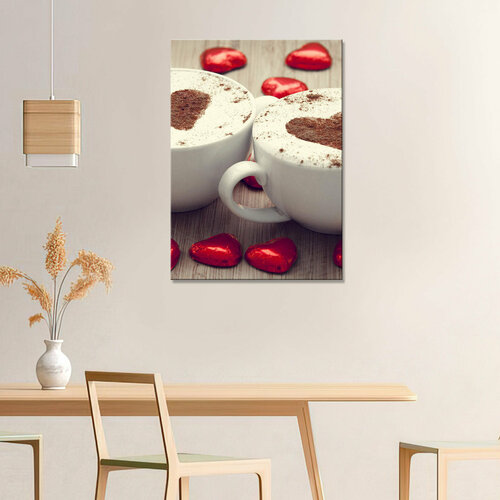 Картина/Картина на холсте для интерьера/Картина на стену/Картина для кухни/ - Две чашки кофе с сердечками 40х60