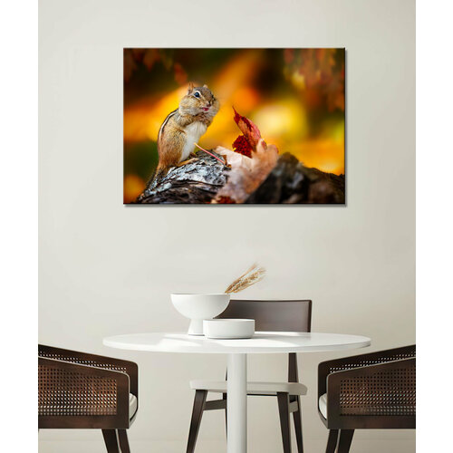 Картина - Бурундук, бурундучок, полосатый бурундук на дереве, забавный бурундук с языком, бурундук и осень (40) 40х60