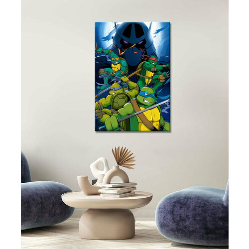 Картина на холсте для интерьера - "Черепашки ниндзя на фоне Шреддера 60х80"