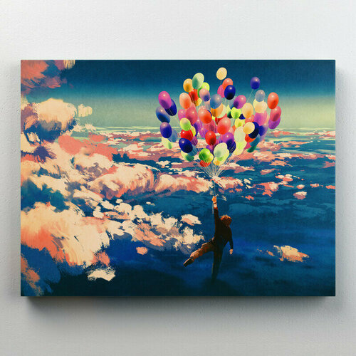 Интерьерная картина на холсте "Мальчик в облаках летит на разноцветных воздушных шарах" размер 40x30 см