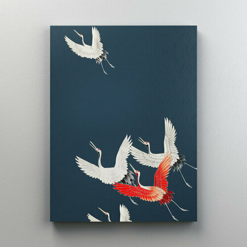 Интерьерная картина на холсте "Винтажный постер - японские журавли" размер 30x40 см