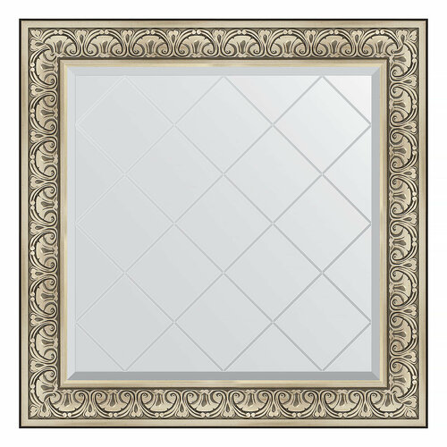 Зеркало настенное с гравировкой EVOFORM в багетной раме барокко серебро, 90х90 см, для гостиной, прихожей, спальни и ванной комнаты, BY 4338