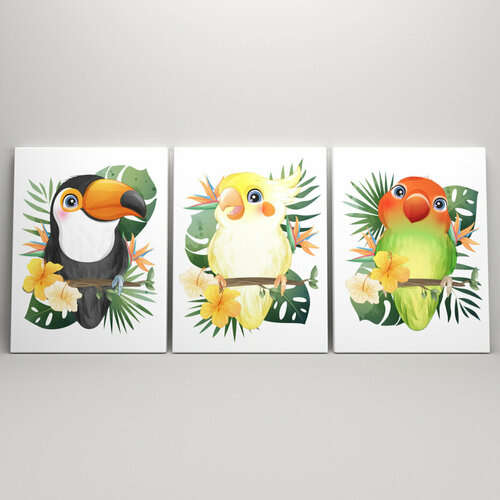 Набор картин на холсте (коллекция интерьерных постеров) триптих "Тропические птицы" для детей, с деревянным подрамником, размер 45x60 см, 3 шт.