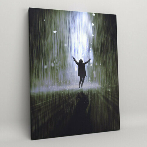 Картина на холсте (интерьерный постер) "Человек под дождем в чёрном плаще", с деревянным подрамником, размер 30x40 см
