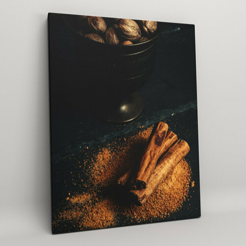 Картина на холсте (интерьерный постер) "Грецкий орех и корица" для кухни, кафе и ресторанов, с деревянным подрамником, размер 45x60 см