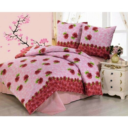 Семейное постельное белье хлопковое, поплин, розовое с красными розами