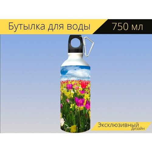 Бутылка фляга для воды "Тюльпаны, нарциссы, цветы" 750 мл. с карабином и принтом