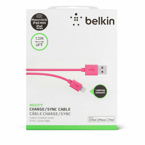 Кабель Belkin USB 8 pin Lightning для Apple iPhone 5 6S 7 8 Plus X Xr Xs Max 11 12 Mini 13 Pro Max SE 2022 14/iPad/iPod/AirPods 1.2 м Розовый (Pink)