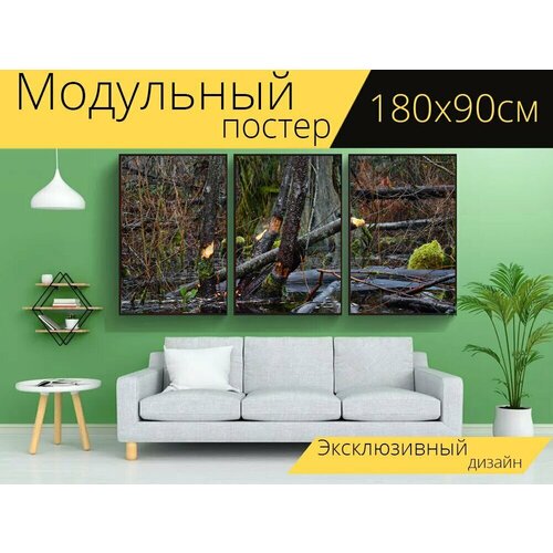 Модульный постер "Пруд, деревья, бобровая плотина" 180 x 90 см. для интерьера