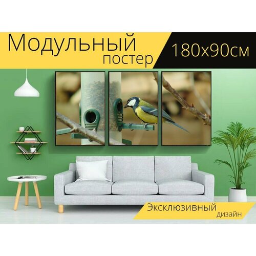 Модульный постер "Московка, кормушки для птиц, птица" 180 x 90 см. для интерьера