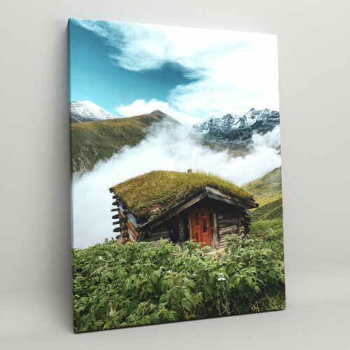 Картина на холсте (интерьерный постер) "Зеленый домик в горах" природа, пейзаж, с деревянным подрамником, размер 45x60 см