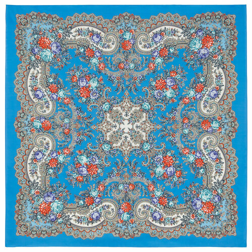Платок Павловопосадская платочная мануфактура,135х135 см, голубой, красный