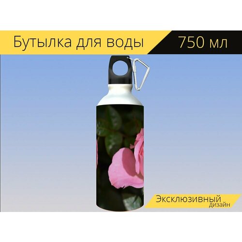 Бутылка фляга для воды "Цветок, розы, лепесток" 750 мл. с карабином и принтом