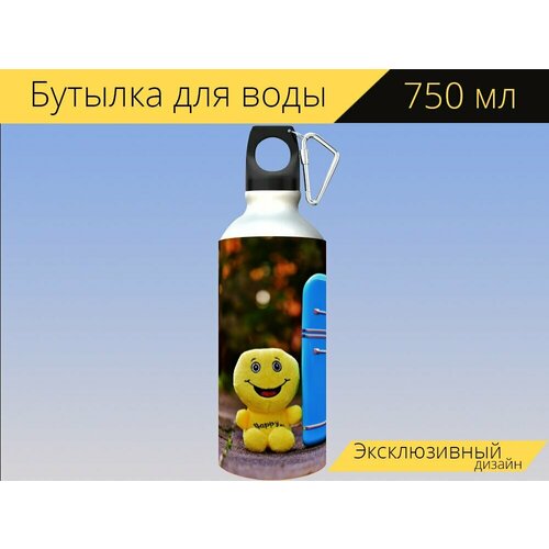 Бутылка фляга для воды "Полный холодильник, счастливый, смайлик" 750 мл. с карабином и принтом