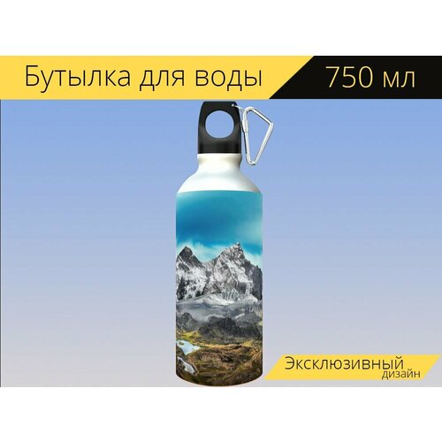 Бутылка фляга для воды "Гора, снег, пейзаж" 750 мл. с карабином и принтом