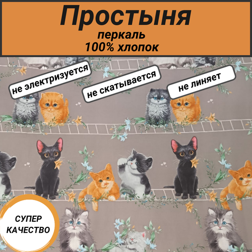 Простыня евро макси (220х240) "Веселые котики" СПАЛЕНКА78, перкаль