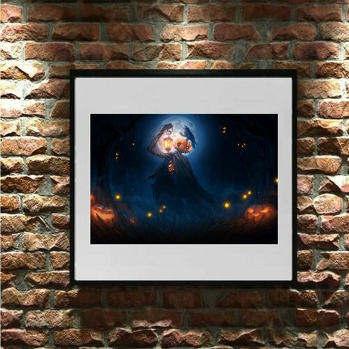 Постер "Тыква-чудище с фонарём" на Хэллоуин (Halloween) от Cool Eshe из коллекции "Праздники", плакат на стену А4 (29,7 х 21 см)
