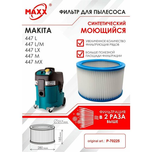 Фильтр воздушный D275x187 синтетический, моющийся для пылесоса Makita 447 L (М, LX, MX) art: P-70225