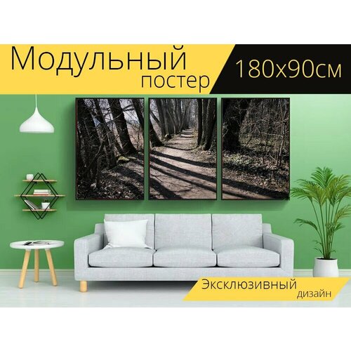Модульный постер "Путь леса, ходить, длинная тень" 180 x 90 см. для интерьера
