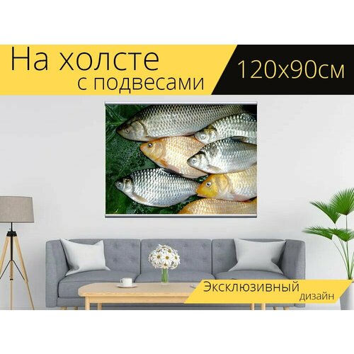 Картина на холсте "Рыбы, карп, еда" с подвесами 120х90 см. для интерьера