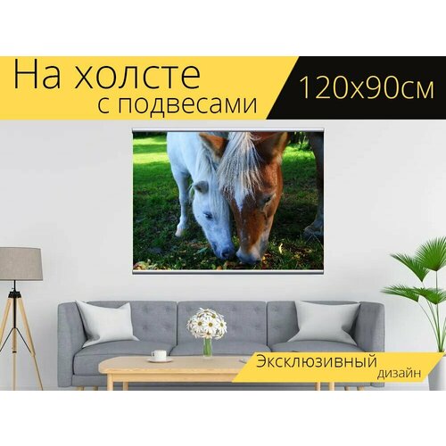 Картина на холсте "Лошади, коричневая лошадь, белая лошадь" с подвесами 120х90 см. для интерьера
