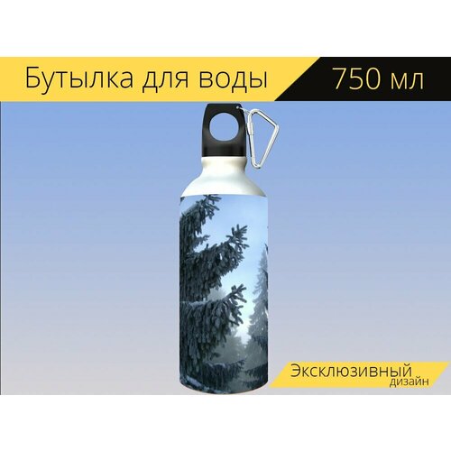 Бутылка фляга для воды "Ель, зимний лес, туман" 750 мл. с карабином и принтом