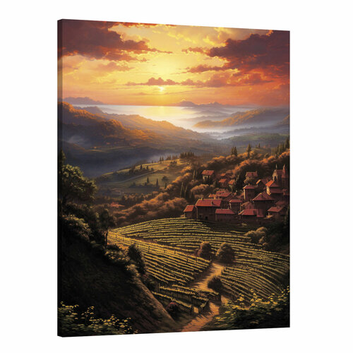 Интерьерная картина 50х70 "Пейзаж с деревней и холмами"