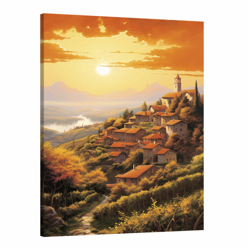 Интерьерная картина 50х70 "Пейзаж с деревней и холмами"