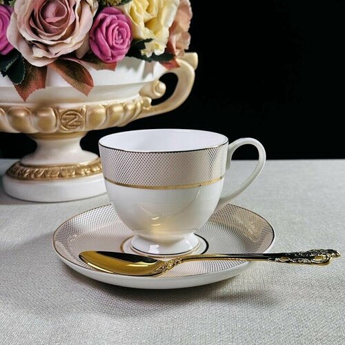 Чайный набор на 6 персон 12 предметов 6 чашек и блюдец Золотая Симфония в подарочной упаковке Костяной фарфор Lenardi