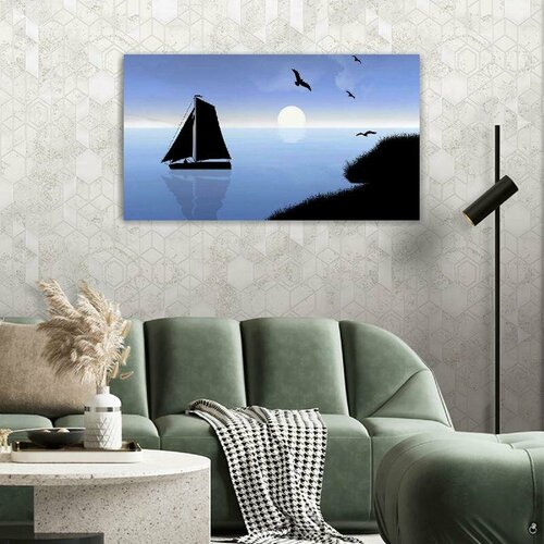 Картина на холсте 60x110 LinxOne "Вектор парусник море графика птицы" интерьерная для дома / на стену / на кухню / с подрамником
