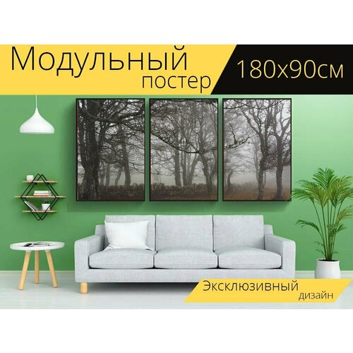Модульный постер "Буковый лес, туман, лес" 180 x 90 см. для интерьера
