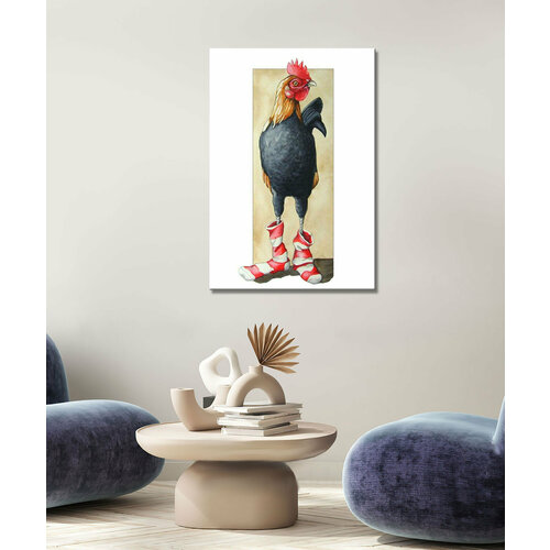 Картина на холсте - Курица, красивые породы, стилизация рисунок, петух в костюме и в носках (36) 20х30