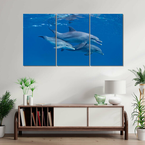 Модульная картина/Модульная картина на холсте/Модульная картина в подарок/три дельфина по водой-three dolphins on the water 90х50