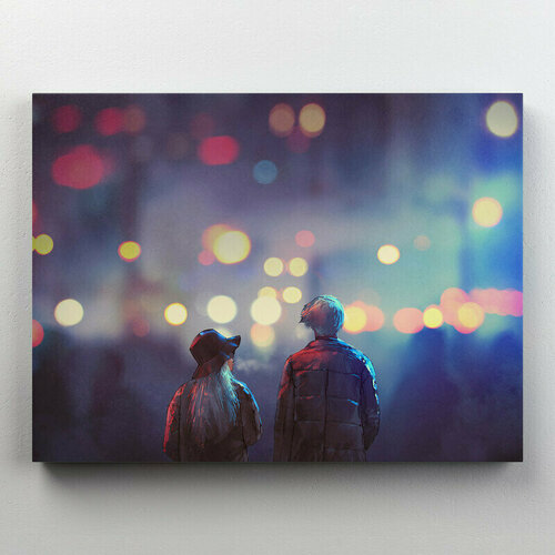 Интерьерная картина на холсте "Пара влюбленных и блики фонарей" размер 30x22 см