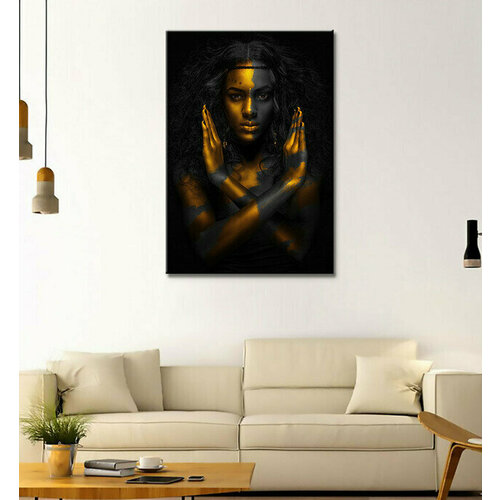 Интерьерная картина на холсте Женщина в золоте на темном фоне, эстетика черного 60х80