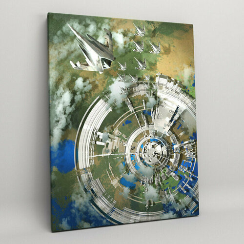 Картина на холсте (интерьерный постер) "Космический порт - корабли №1", с деревянным подрамником, размер 45x60 см
