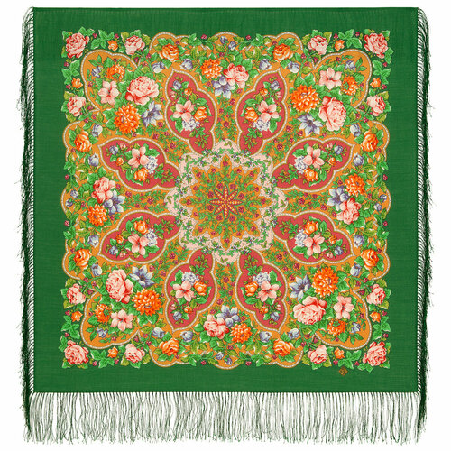 Платок Павловопосадская платочная мануфактура,89х89 см, зеленый, розовый