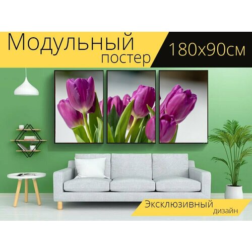 Модульный постер "Тюльпаны, тюльпан, розовый" 180 x 90 см. для интерьера