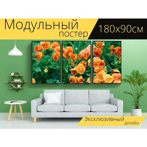 Модульный постер "Анютины глазки, оранжевые фиалки, цветы" 180 x 90 см. для интерьера