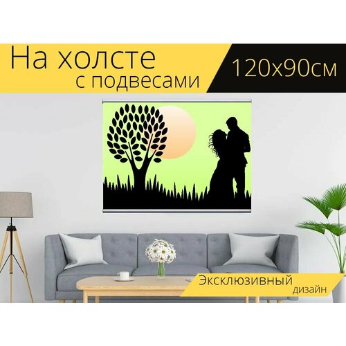 Картина на холсте "Любовь, силуэт, влюблена" с подвесами 120х90 см. для интерьера