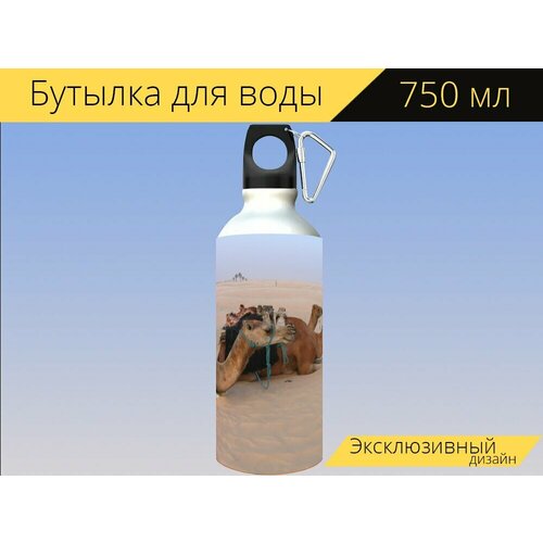 Бутылка фляга для воды "Верблюды, животные, пустыня" 750 мл. с карабином и принтом
