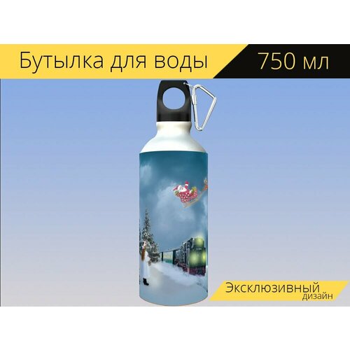 Бутылка фляга для воды "Детская вера, в ожидании рождества, верить в деда мороза" 750 мл. с карабином и принтом
