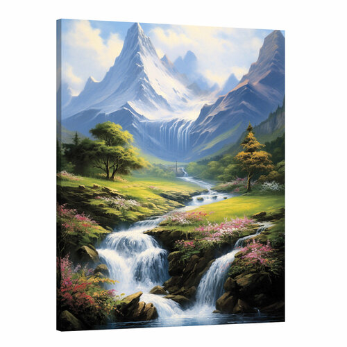 Интерьерная картина 50х70 "Пейзаж с горной рекой и водопадами"