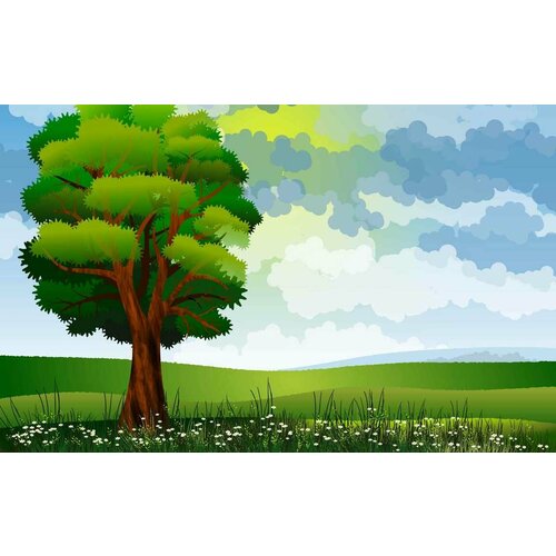 Картина на холсте 60x110 LinxOne "Дерево, поле, цветы" интерьерная для дома / на стену / на кухню / с подрамником