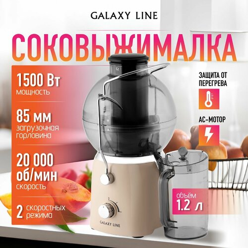 Соковыжималка электрическая GALAXY LINE GL0811 для овощей и фруктов, мощность 1500 Вт, 20000 об/мин и 2 скорости, емкость для сока 1.2 л - стакан, цвет розовый