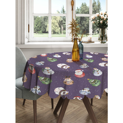 Скатерть круглая тканевая на стол JoyArty с рисунком "Игрушки на ёлку" 150 на 150 см