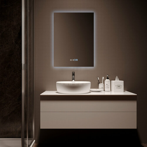 Зеркало для ванной Qwerty 90*70 прямоугольное вертикальное c часами и подогревом