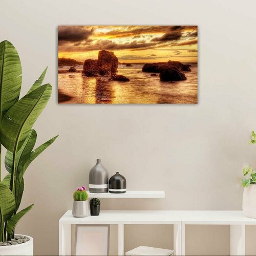 Картина на холсте 60x110 LinxOne "Море скалы небо пляж золото" интерьерная для дома / на стену / на кухню / с подрамником