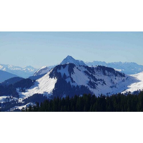 Картина на холсте 60x110 LinxOne "Гора, вершина, снег, деревья" интерьерная для дома / на стену / на кухню / с подрамником